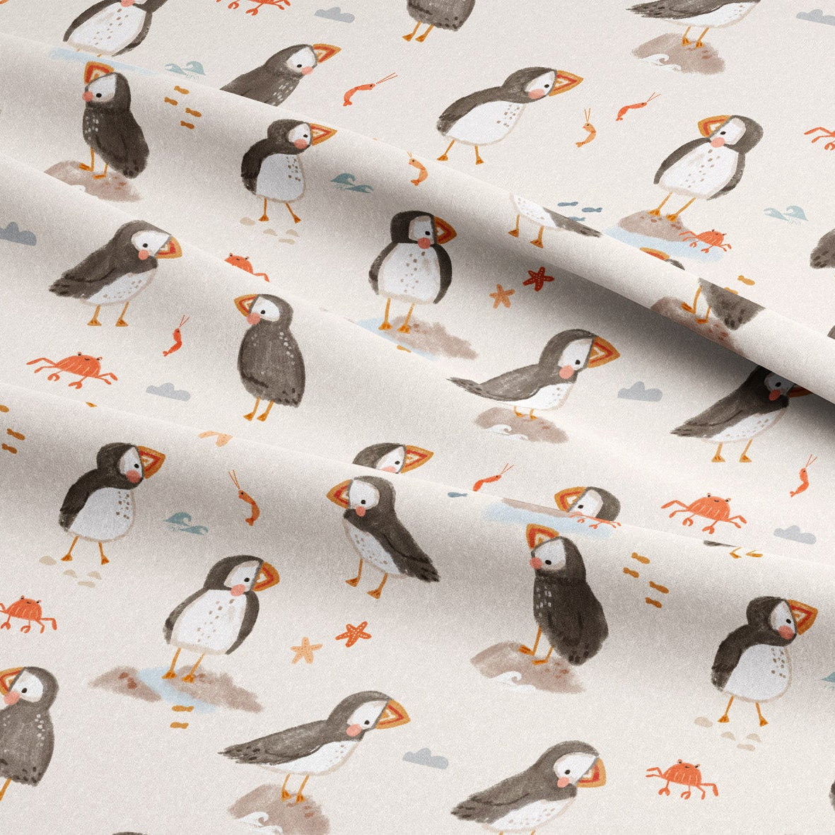 Cotton Jersey Fabric - Puffins Maine in Beige | Jelly Fabrics – Jelly ...